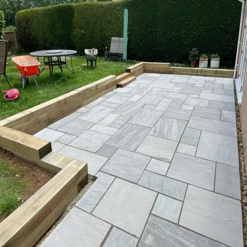 Kandla Grey Indian Sandstone Paving Slabs – Riven – Mixed Patio Kit ...